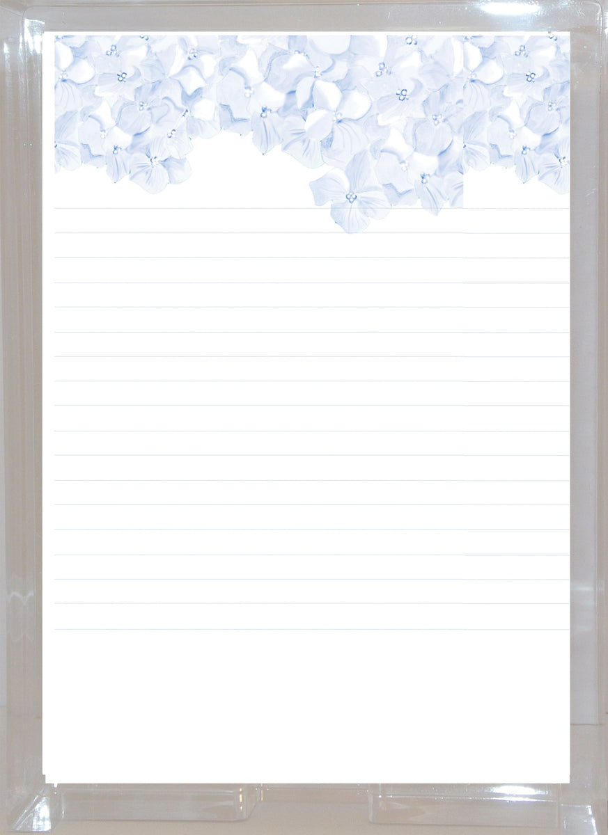 BLUE HYDRANGEA LINED NOTE SHEETS 150 SHEETS W/O PEN W/ACRYLIC BOX ...
