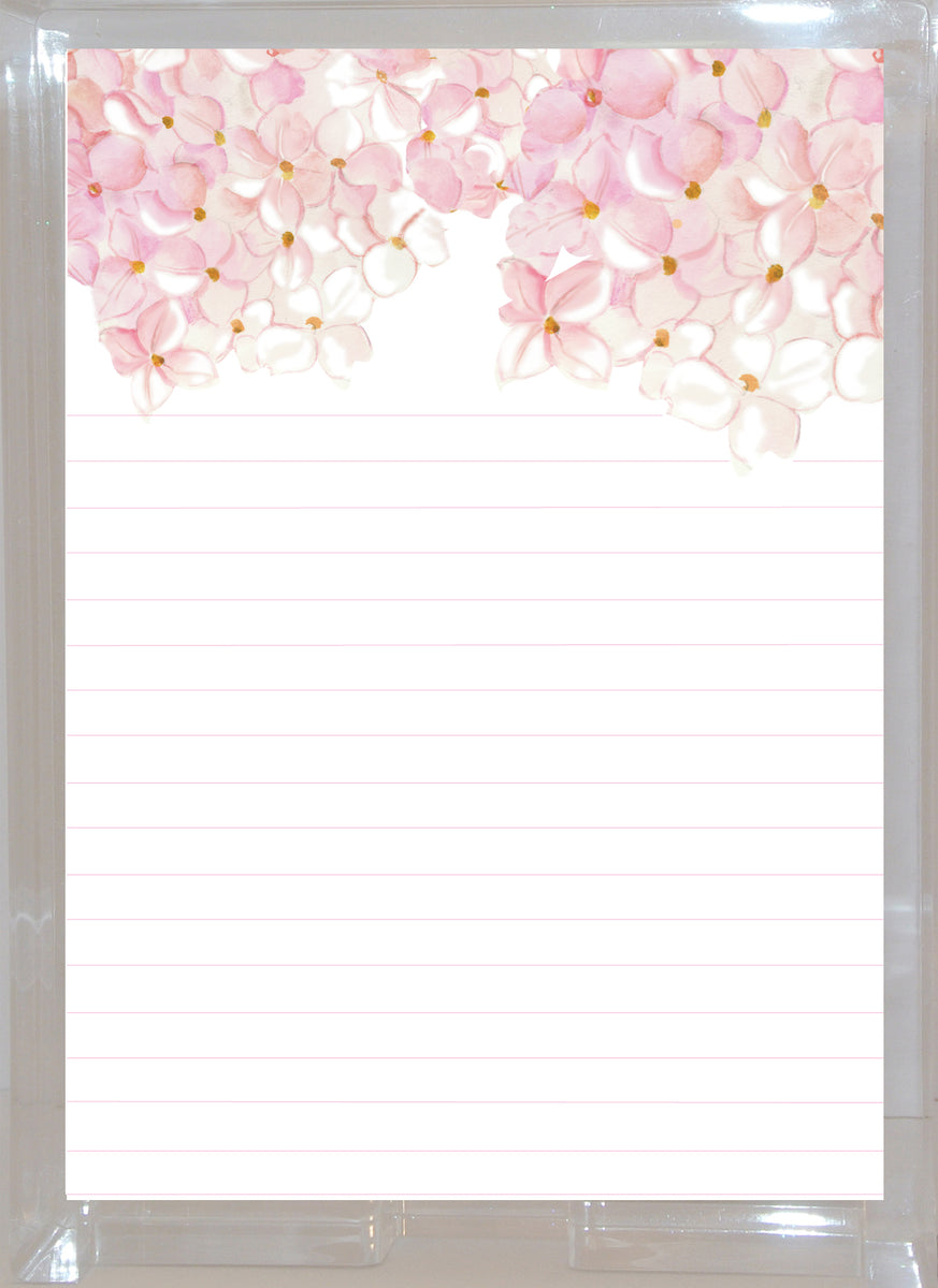 PINK HYDRANGEA LINED NOTE SHEETS 150 SHEETS W/O PEN W/ACRYLIC BOX ...